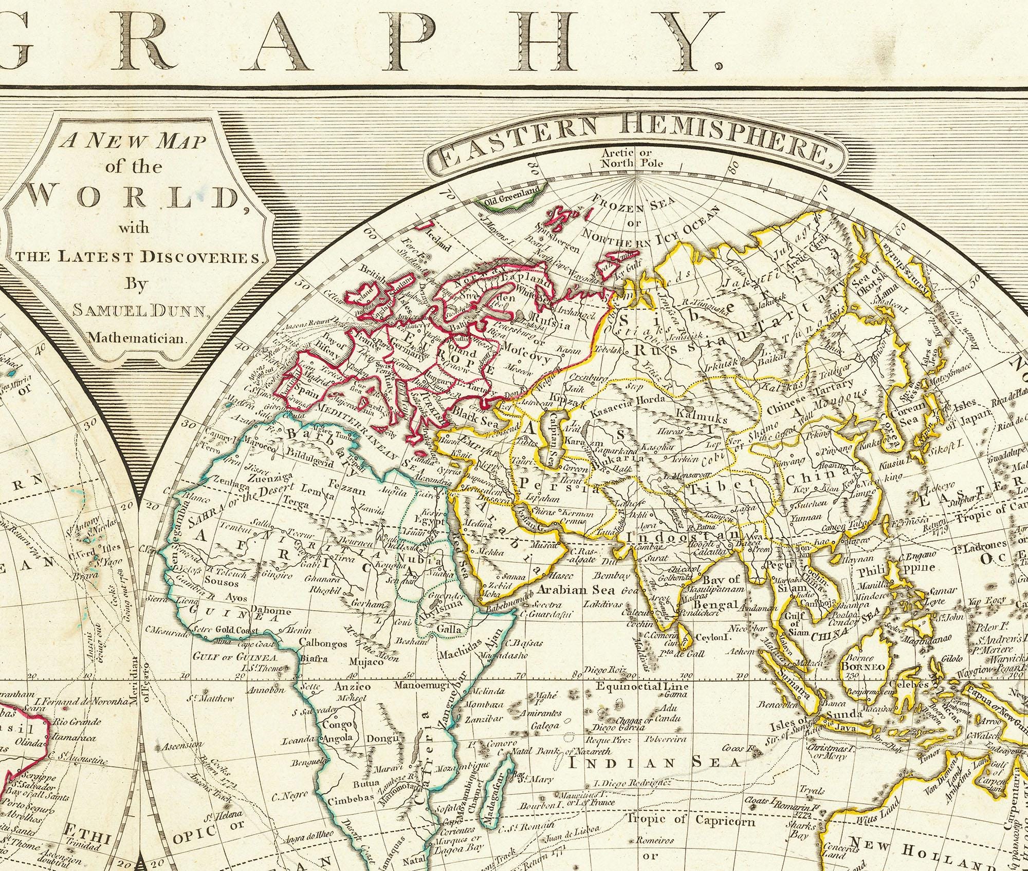 Map of the World 1794. by Cartographer Samuel Dunn, Geography or ...