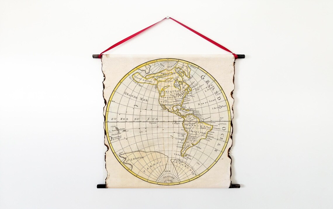 1785 Vintage Map of North America and South America on Handmade Scroll ...