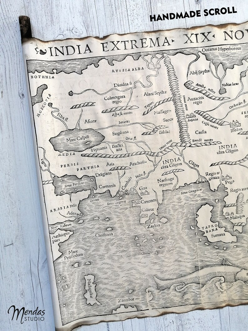 Old Map of Asia 1540 on Handmade Scroll, India Extrema XIX Nova Tabula ...