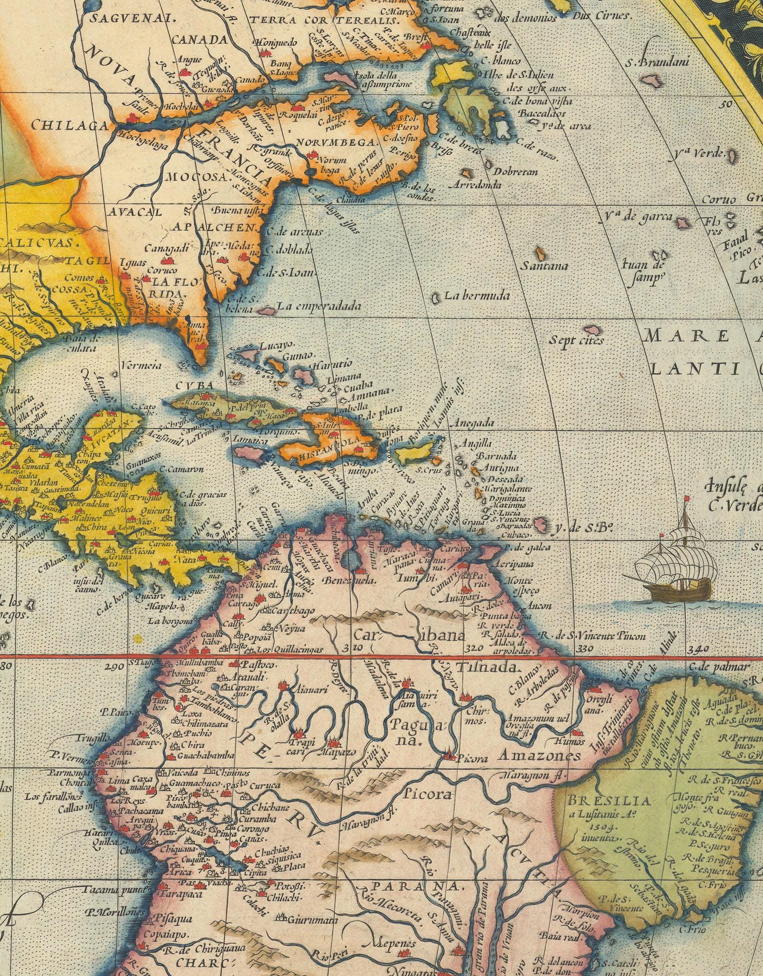 Ancient America Map 1572 on Handmade Scroll, 16th Century Vintage Map ...