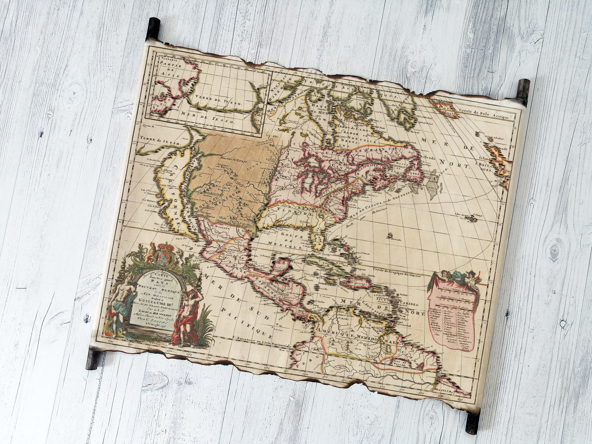 1698 Louis Hennepin Map of North America on Handmade Scroll, Old ...