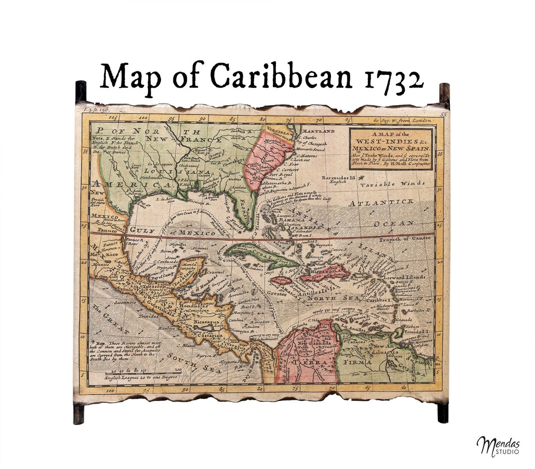 1732 Map of the West Indies and Caribbean on Handmade Scroll, A Map of ...