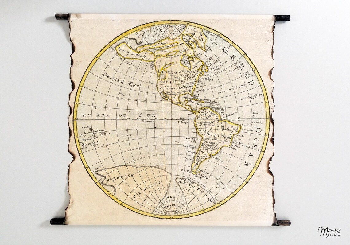 1785 Vintage Map of North America and South America on Handmade Scroll ...