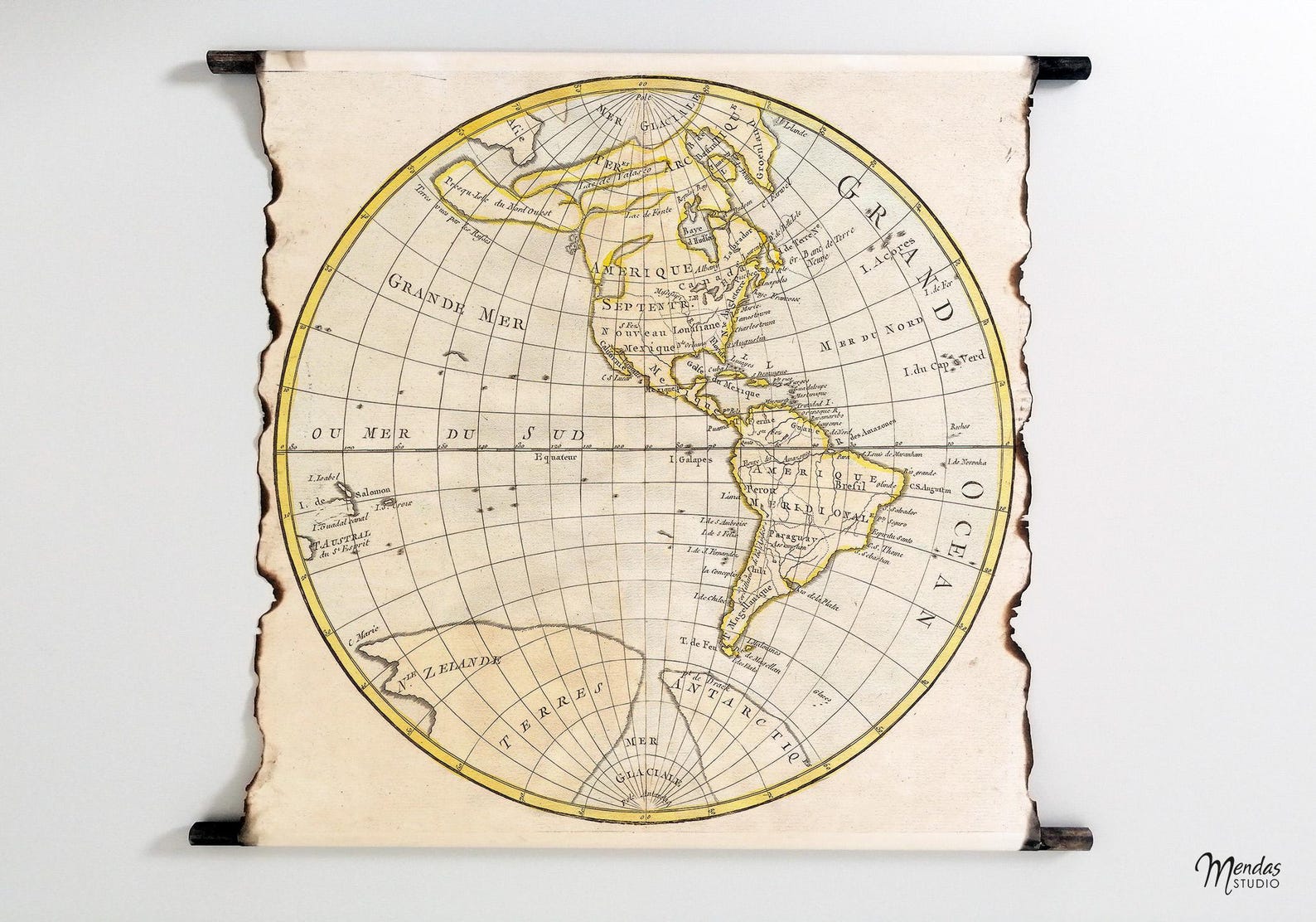 1785 Vintage Map of North America and South America on Handmade Scroll ...