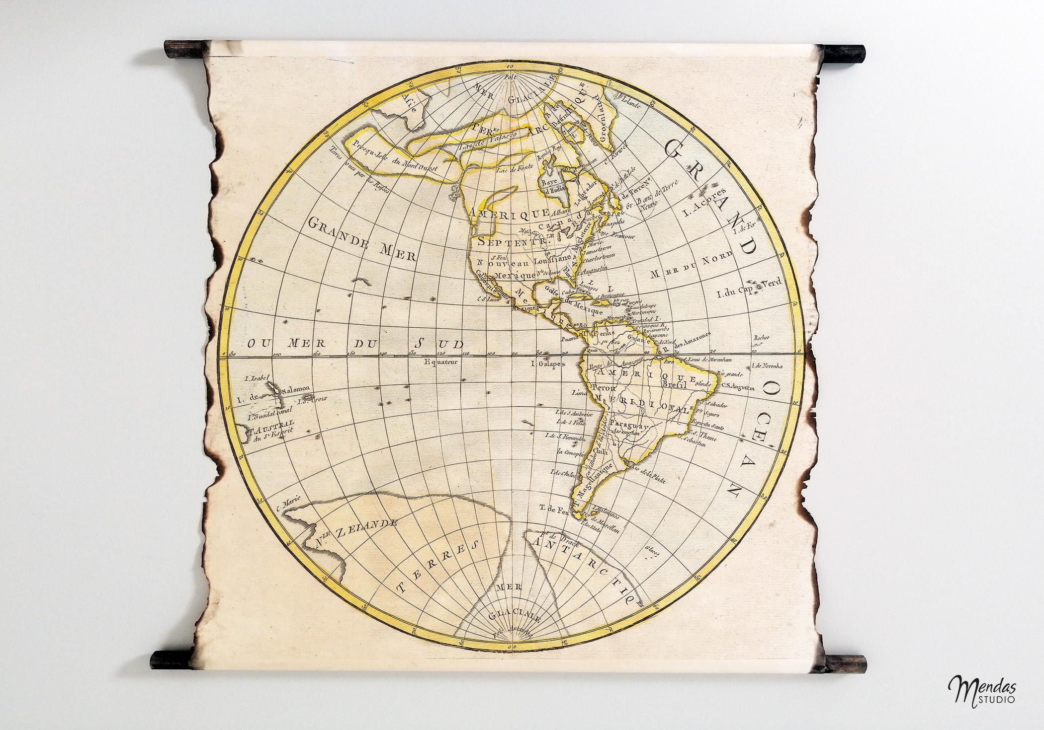 1785 Vintage Map of North America and South America on Handmade Scroll ...