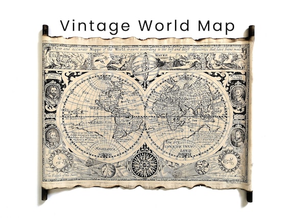 Vintage World Map on Handmade Scroll Old World Scroll Map - Etsy