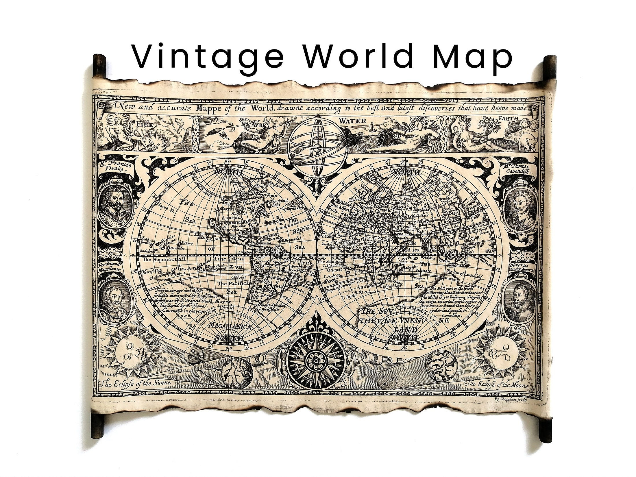 Vintage World Map on Handmade Scroll, Old World Scroll Map, Antique ...