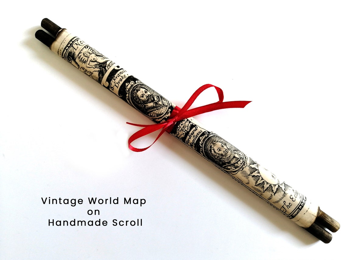 Vintage World Map on Handmade Scroll, Old World Scroll Map, Antique ...