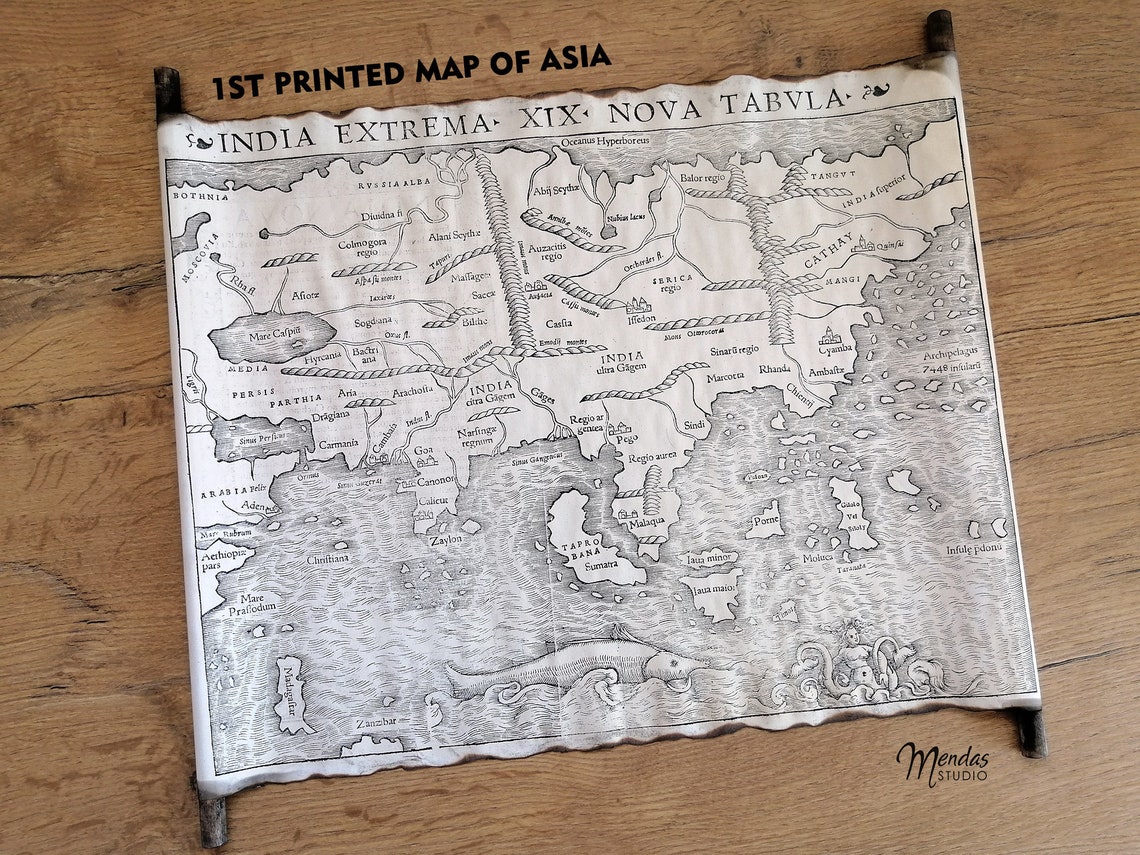 Old Map of Asia 1540 on Handmade Scroll, India Extrema XIX Nova Tabula ...