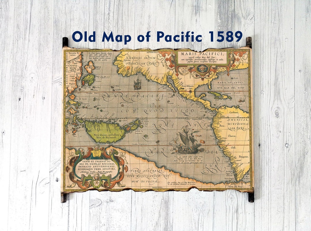 Antique 1589 Map of the Pacific Ocean, by Abraham Ortelius on Handmade ...