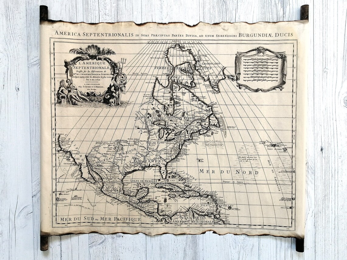 Map of North America 1708. Scroll With Old Map of North America ...