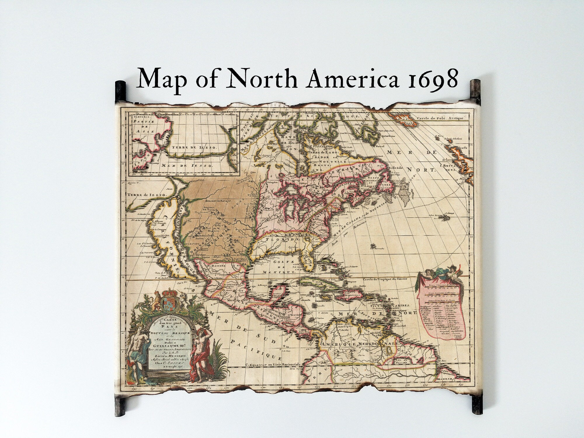 1698 Louis Hennepin Map of North America on Handmade Scroll, Old ...