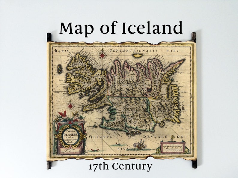 1635 Map of Iceland, Vintage Iceland Map, 17th Century Map by Willem Janszoon Blaeu, Tabula ...