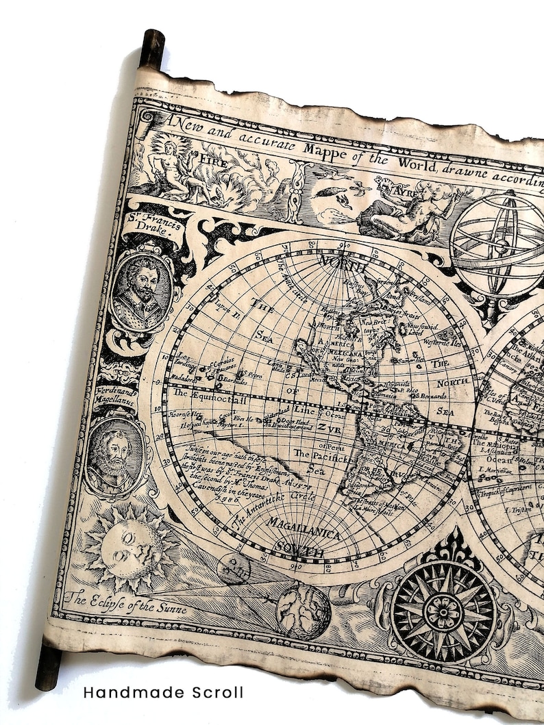 Vintage World Map on Handmade Scroll, Old World Scroll Map, Antique ...