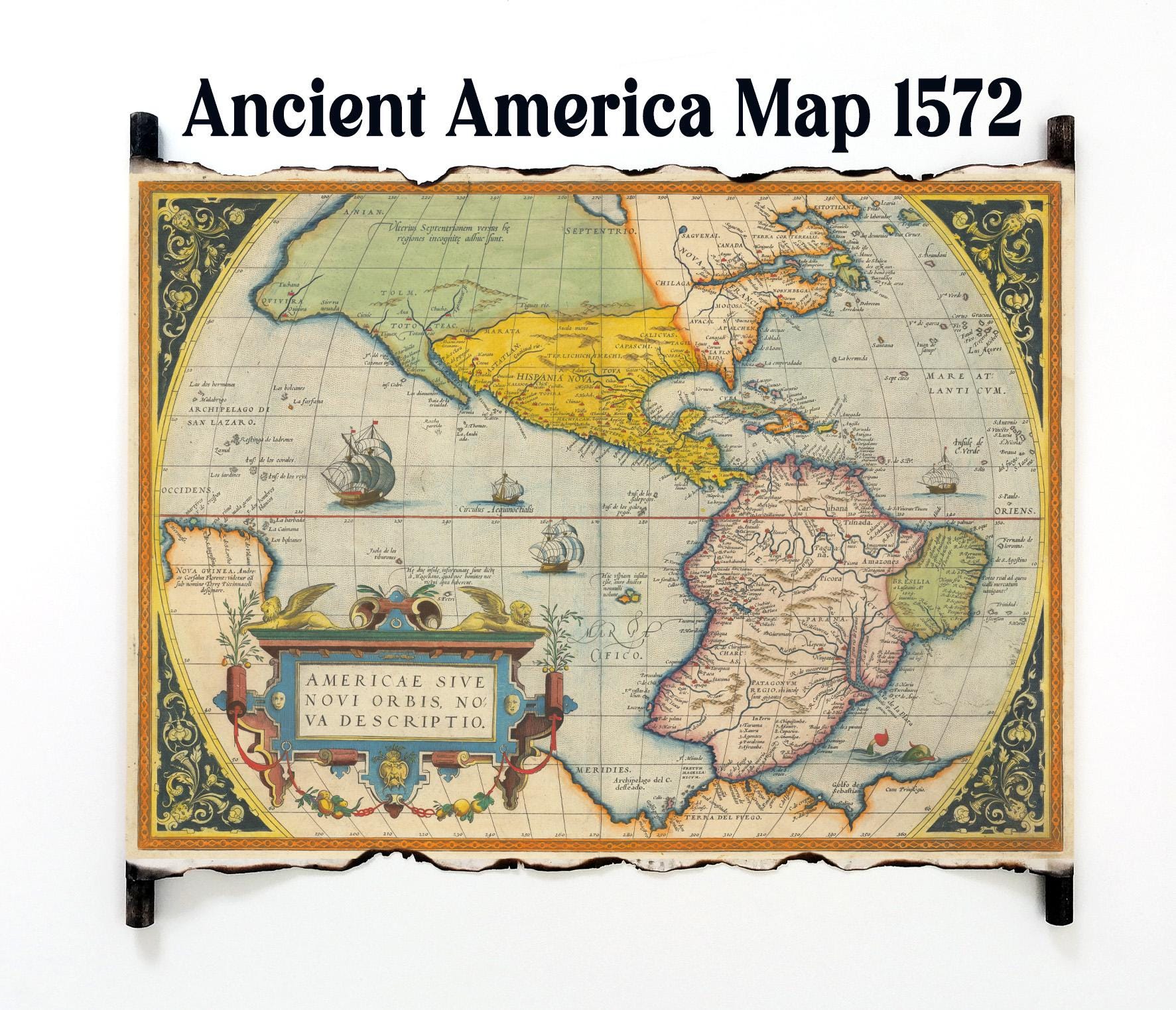 Ancient America Map 1572 on Handmade Scroll, 16th Century Vintage Map ...