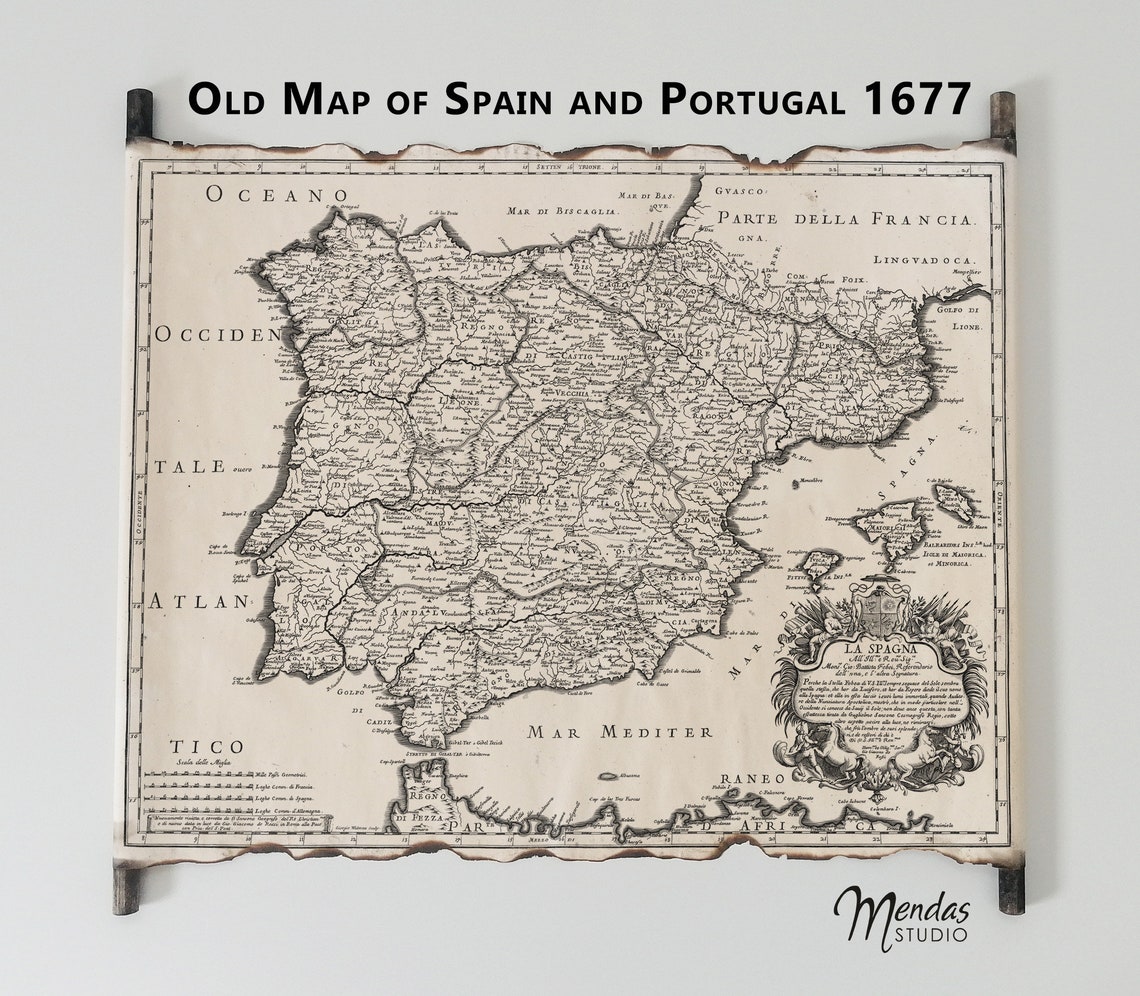 Old Map of Spain and Portugal La Spagna 1677 on Handmade Scroll ...
