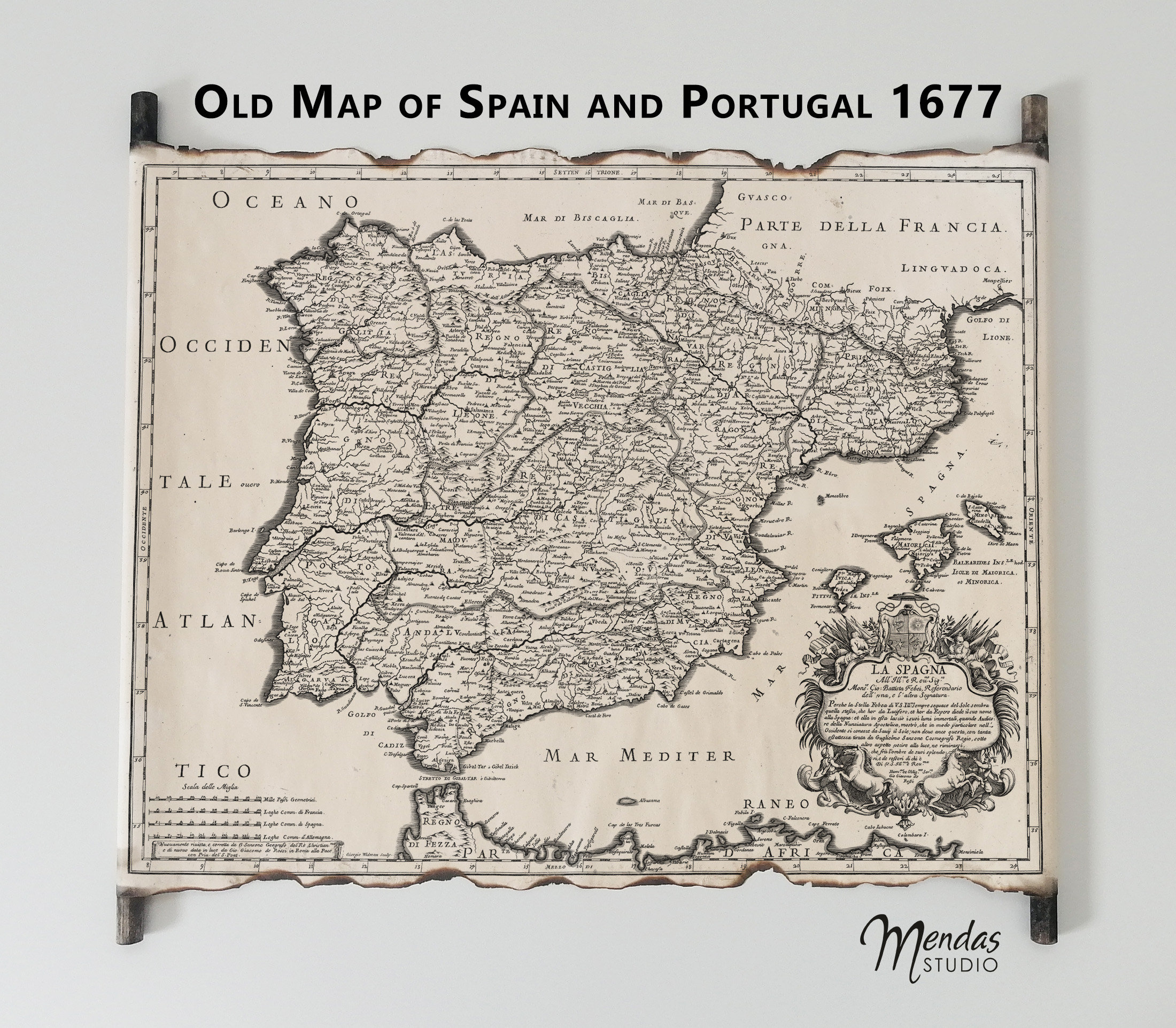 Old Map of Spain and Portugal La Spagna 1677 on Handmade Scroll ...