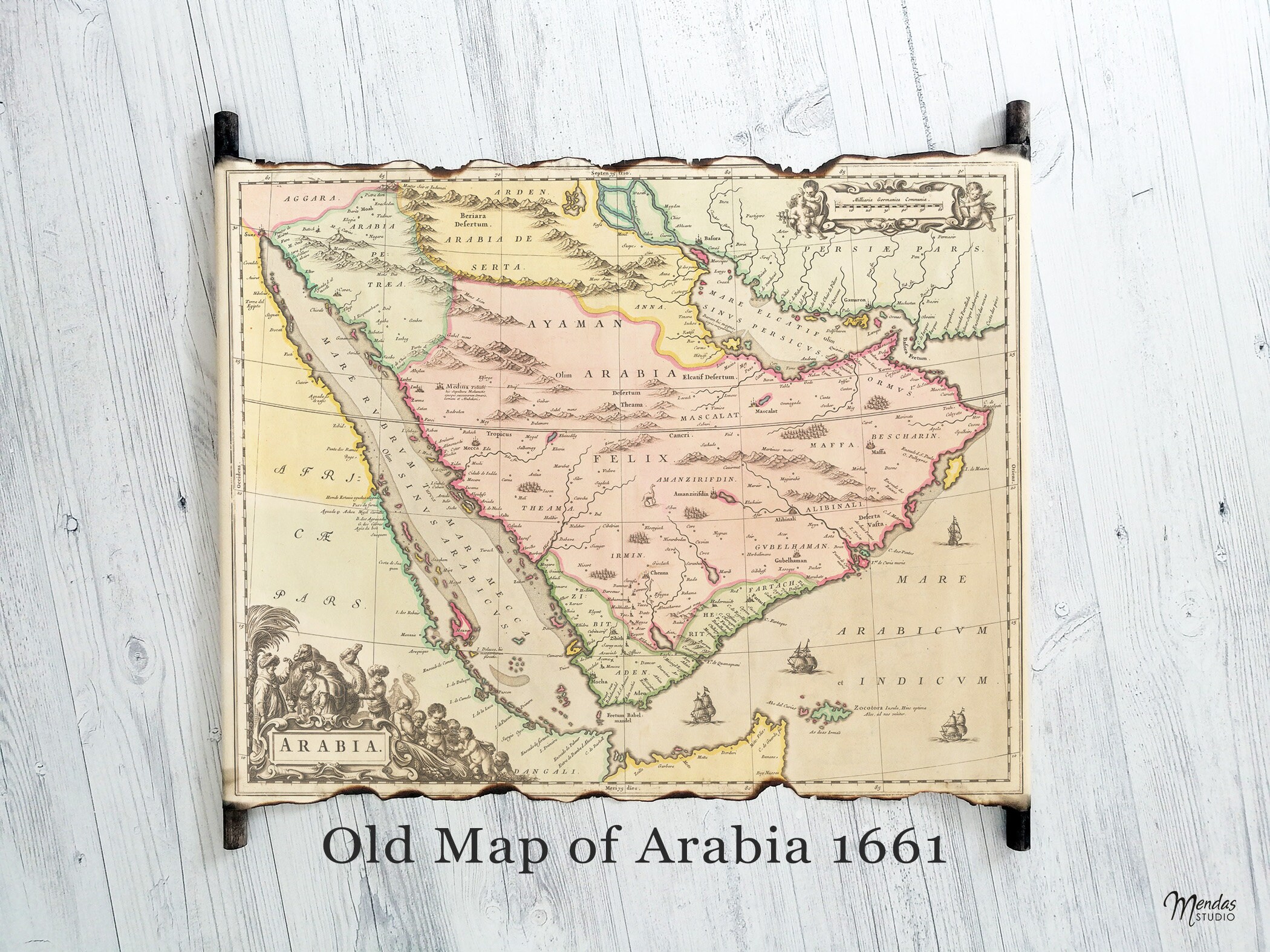 Old Map of Arabia 1661 on Handmade Scroll, Vintage Map of Arabian ...