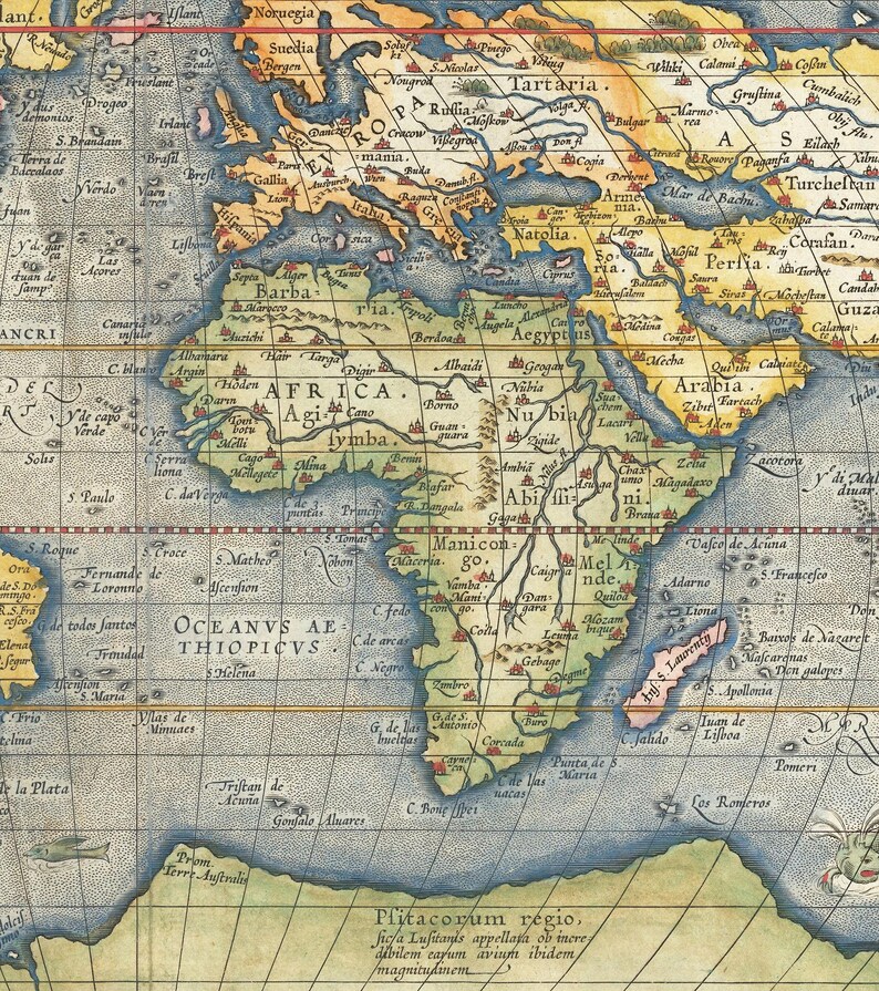 1595 Vintage World Map by Abraham Ortelius, Theatrum Orbis Terrarum ...