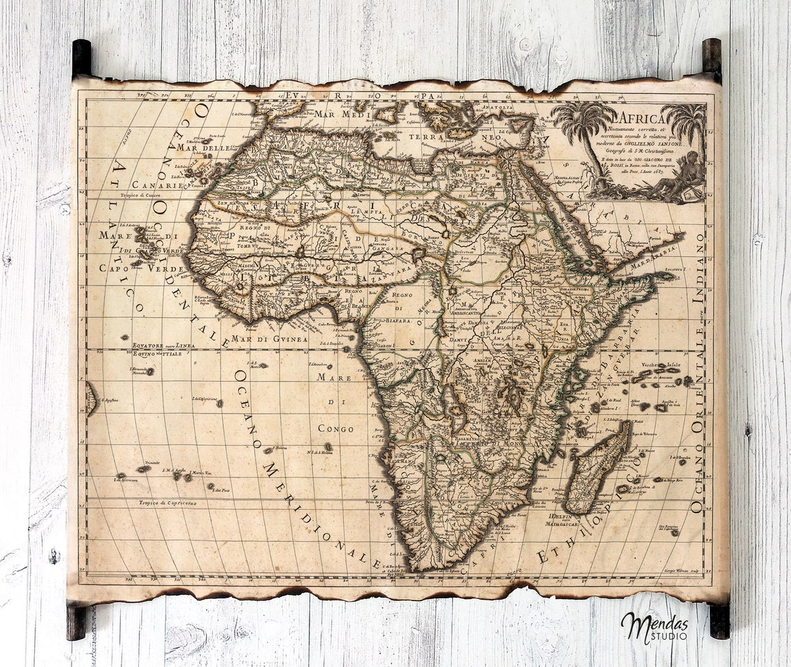 1687 Map of Africa on Handmade Scroll, L'africa, Old Map of Africa ...