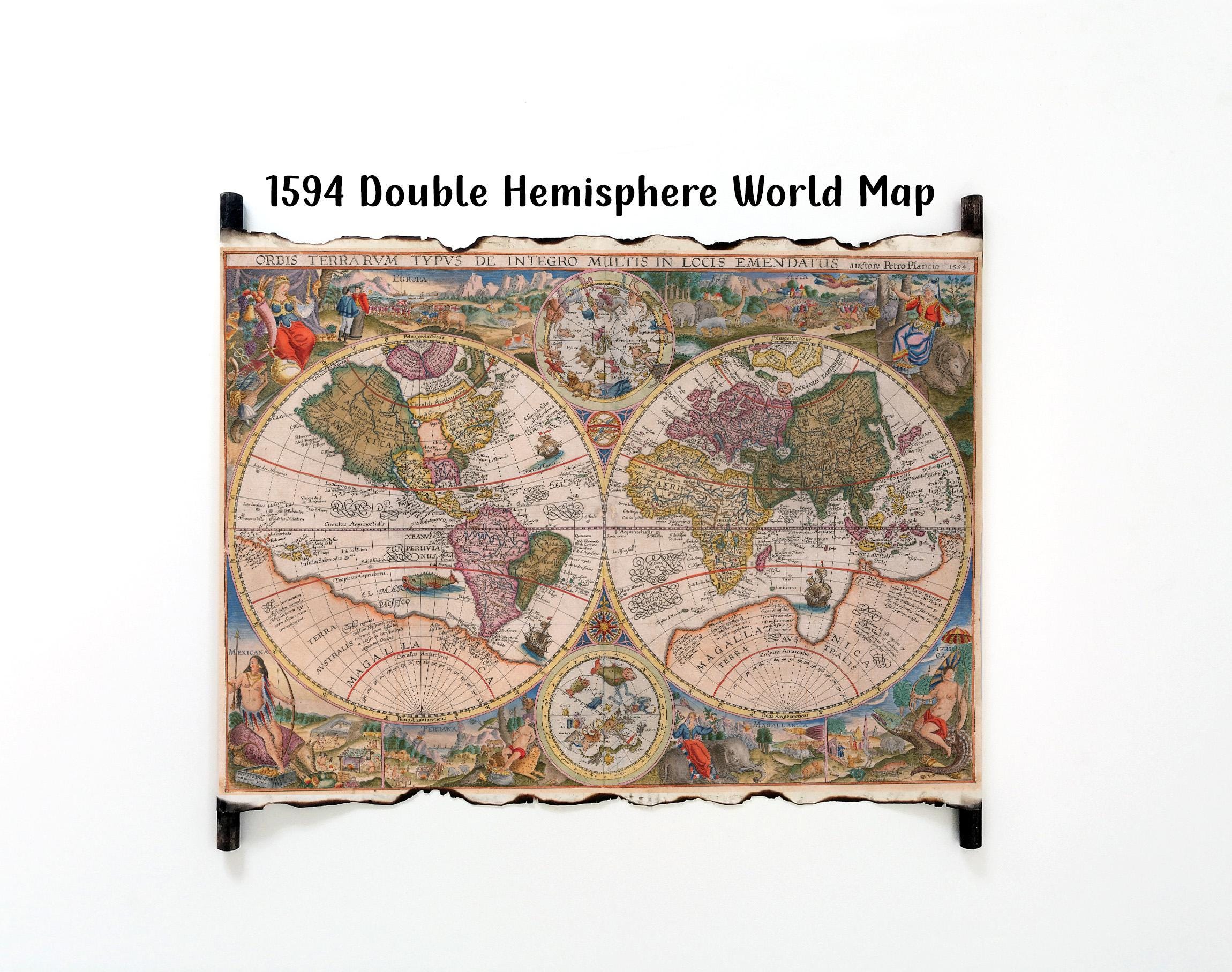 1594 Double Hemisphere Old World Map, Poster Map, Handmade Scroll, 1594 Double Hemisphere World ...