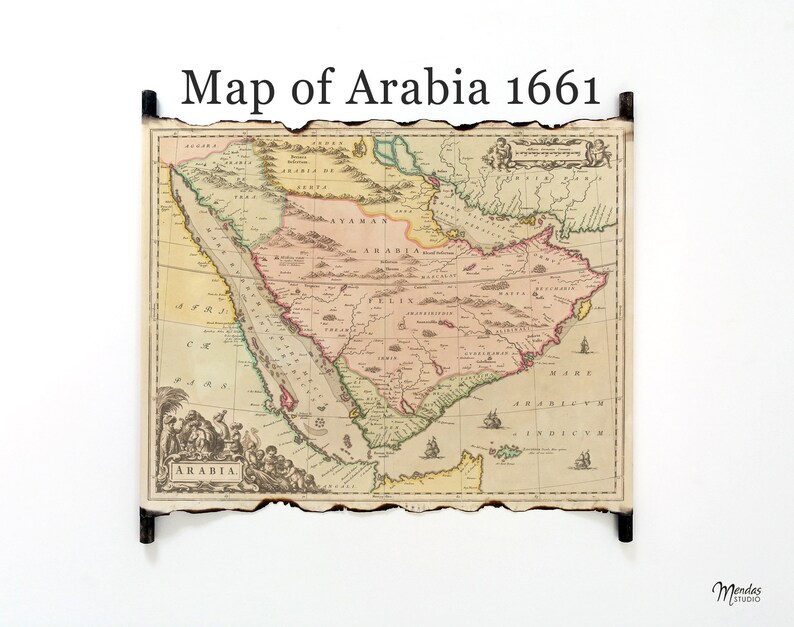 Old Map of Arabia 1661 on Handmade Scroll, Vintage Map of Arabian ...