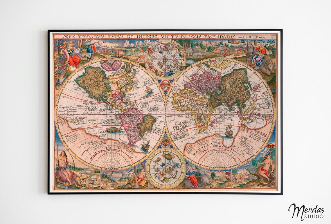 1594 Double Hemisphere Old World Map, Poster Map, Handmade Scroll, 1594 ...