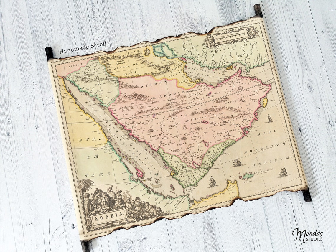 Old Map of Arabia 1661 on Handmade Scroll, Vintage Map of Arabian ...