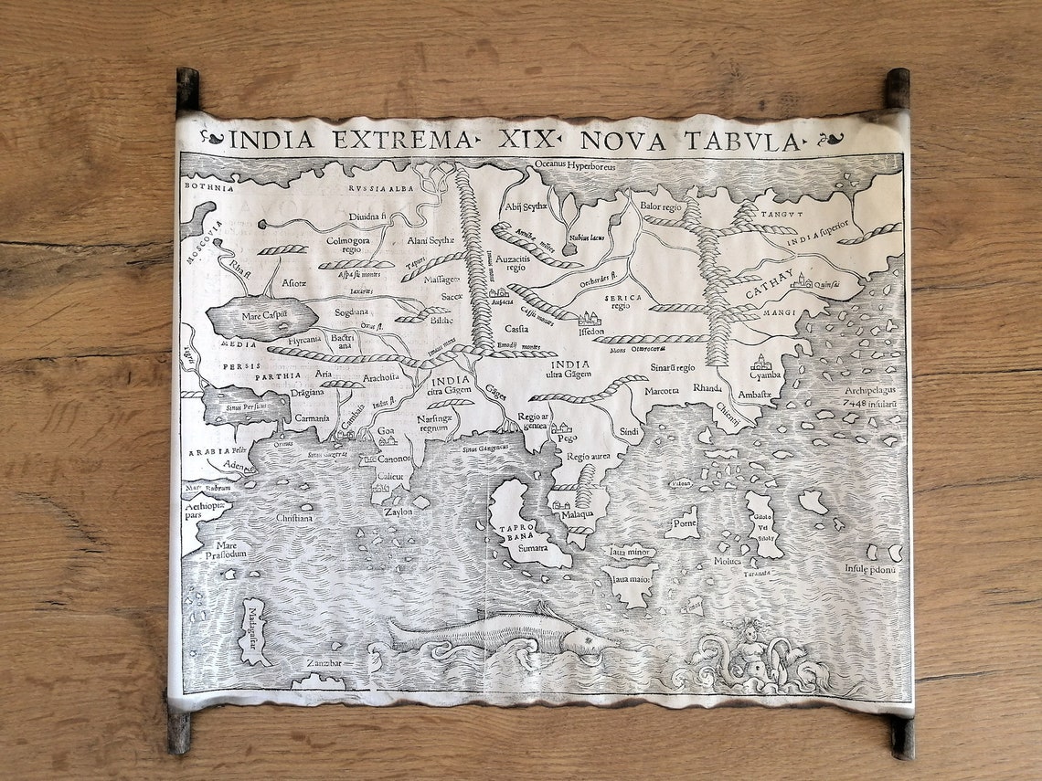 Old Map of Asia 1540 on Handmade Scroll, India Extrema XIX Nova Tabula ...