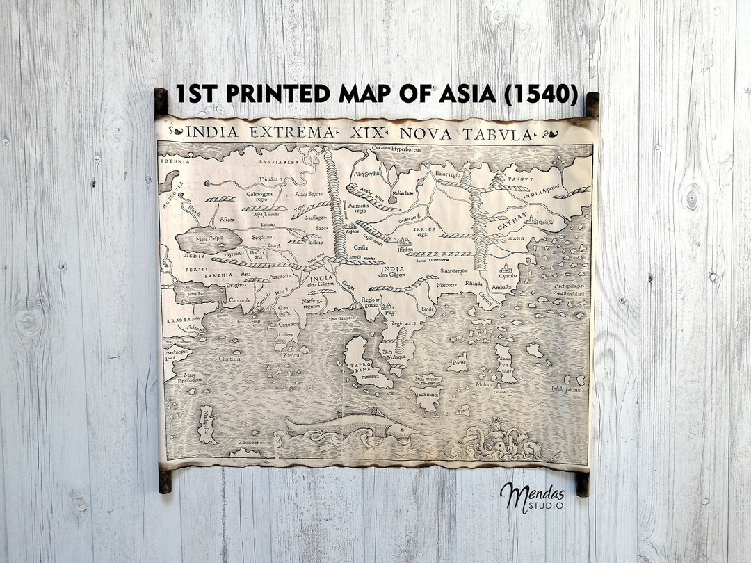 Old Map of Asia 1540 on Handmade Scroll, India Extrema XIX Nova Tabula ...