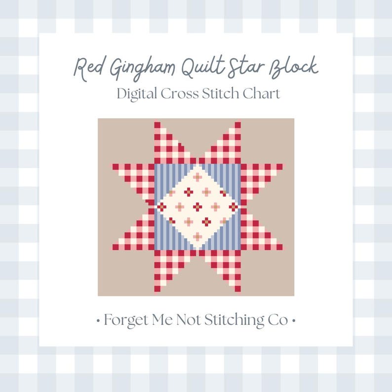 Red Gingham Quilt Star Block - Digital Instant Download Cross Stitch ...