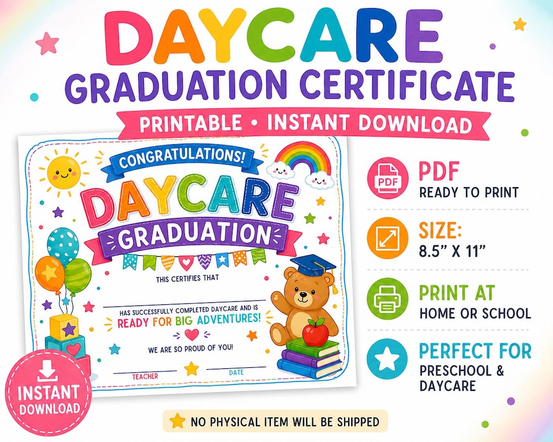 Daycare Graduation Certificate Printable | Preschool Diploma PDF ...