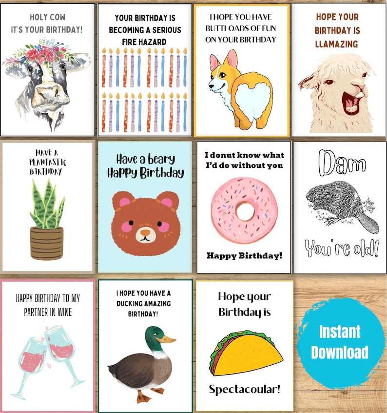 Birthday Card Bundle 11 Styles | Printable | Punny | Humour | Instant ...