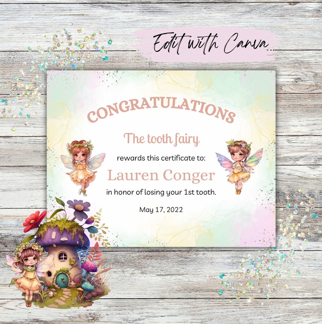 Tooth Fairy Certificate First Lost Tooth Editable Custom - Etsy