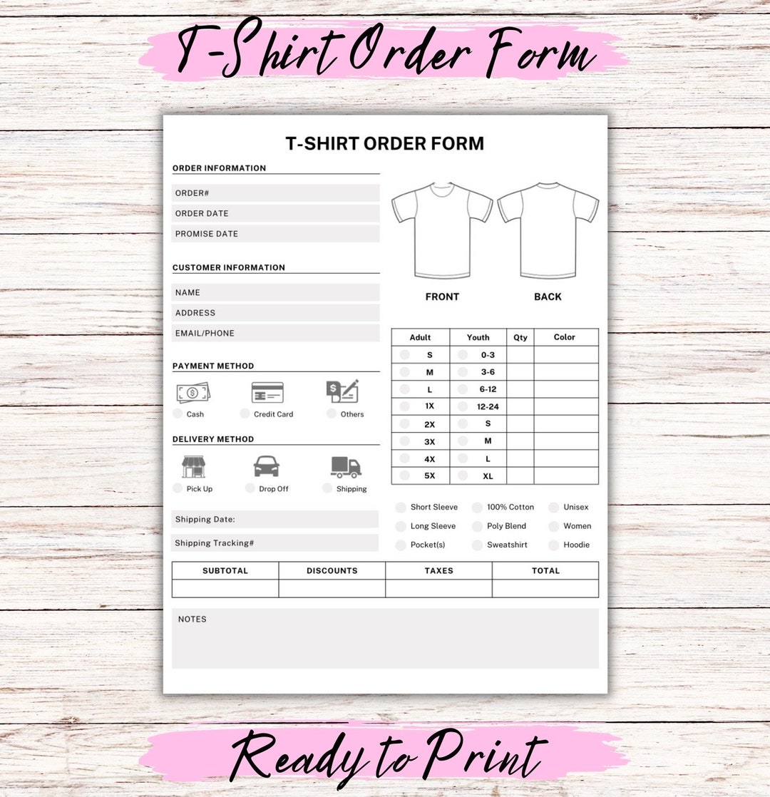 T-shirt Order Form | Ready to Print | Small Business | Printable ...