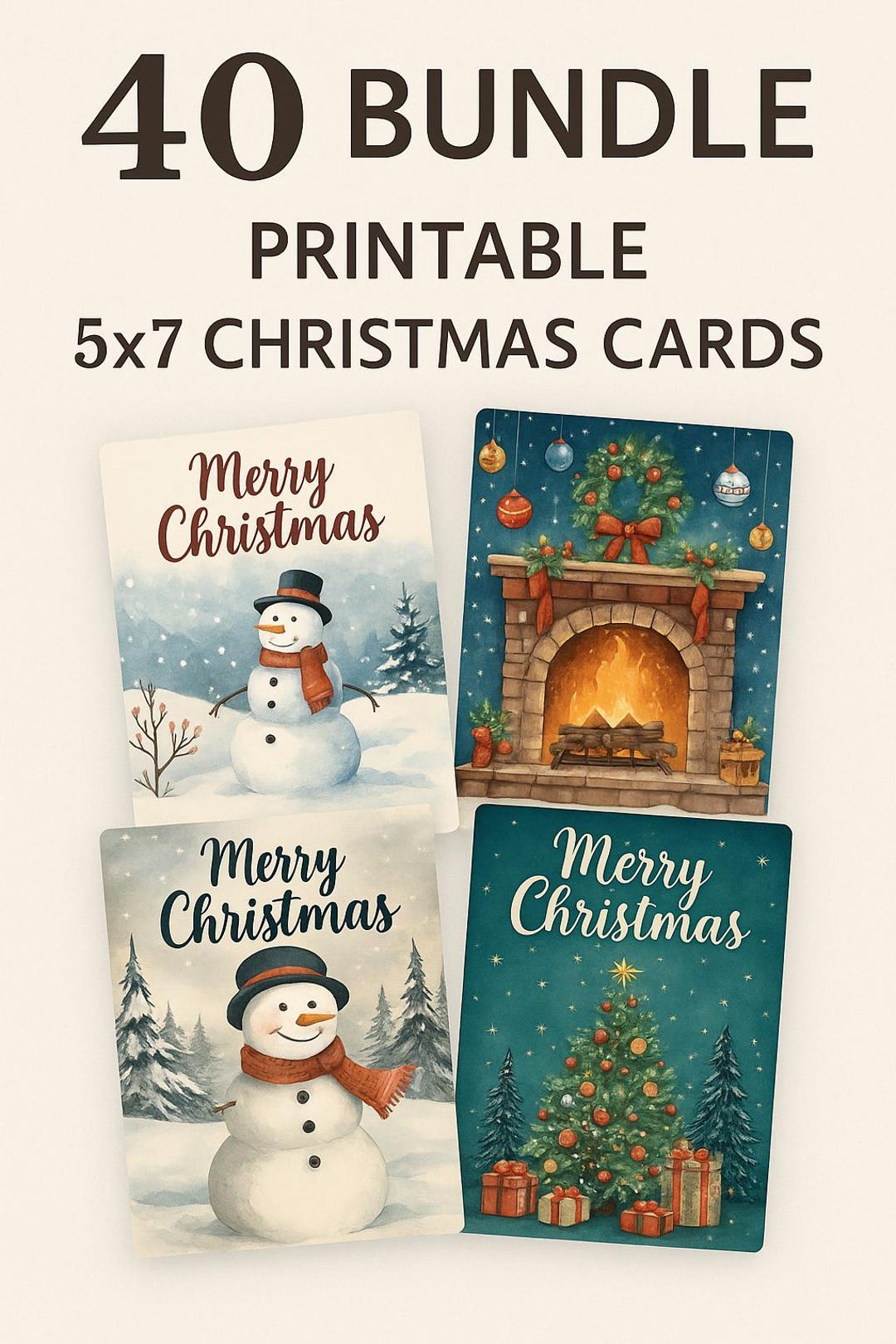 40 Printable Christmas Cards Bundle | Folded 5x7 Holiday Greeting Cards ...