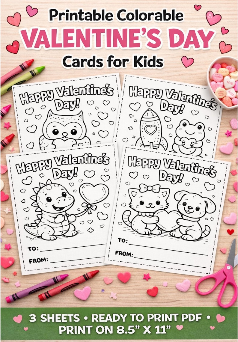 Printable Colorable Valentine’s Day Cards for Kids | 3 Sheet Bundle ...
