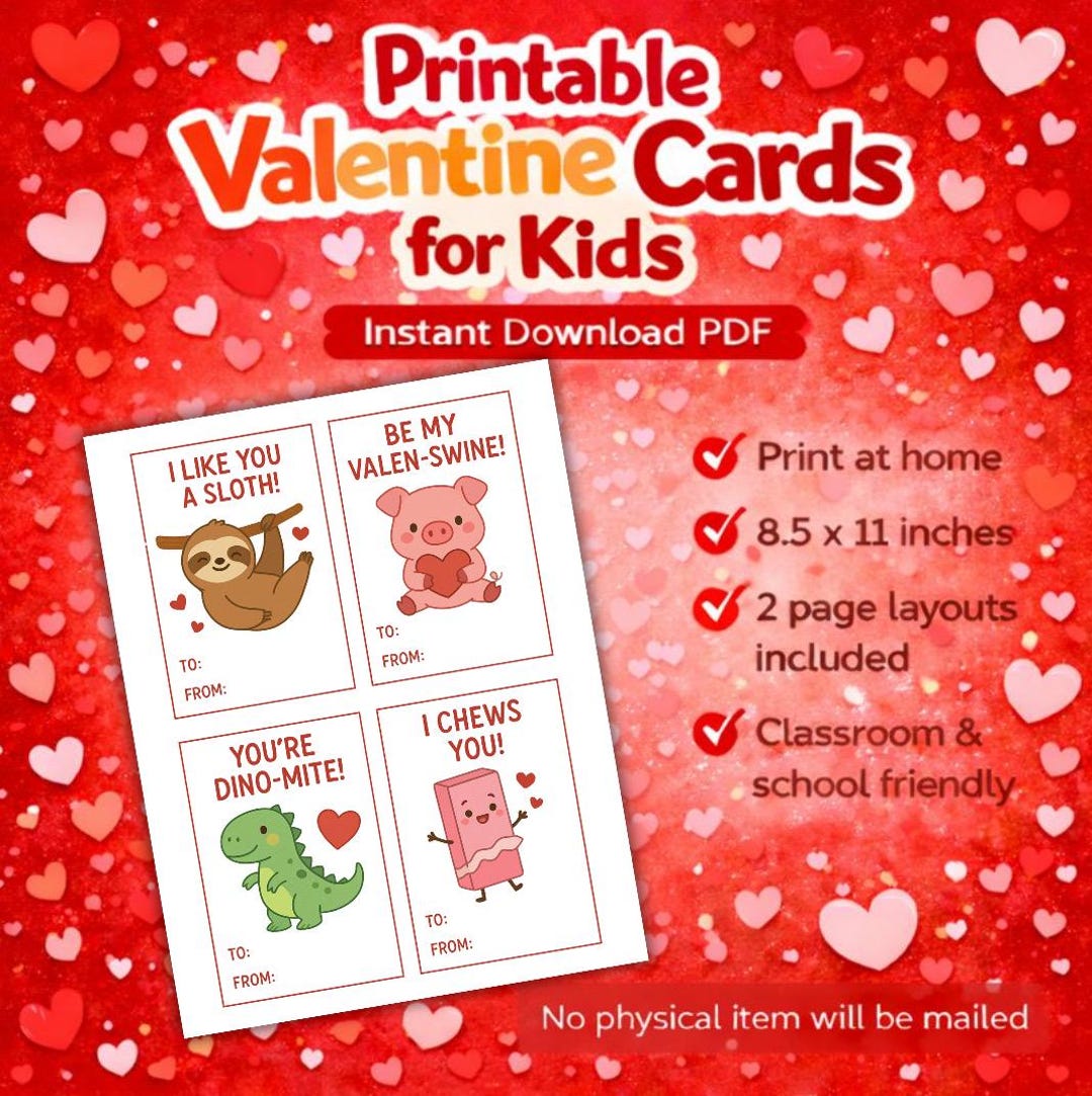 Kids Printable Valentine’s Day Cards | Ready to Print & Cut | 4 Cute ...
