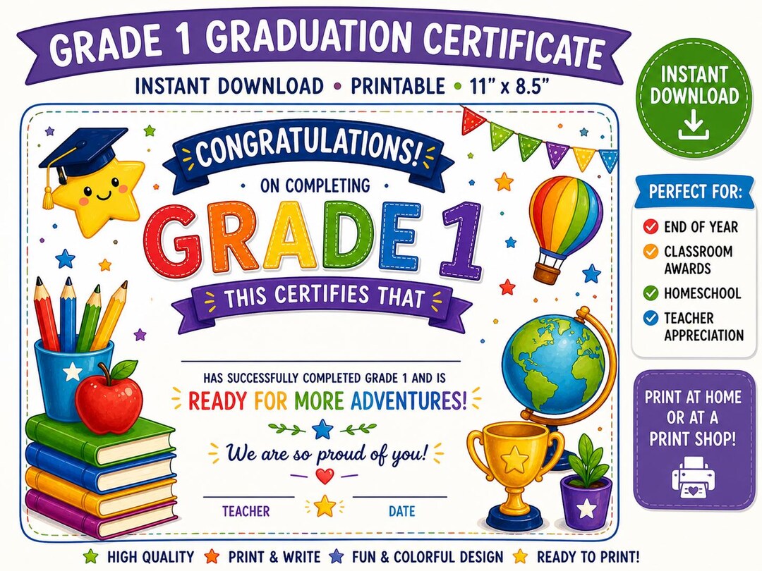 Grade 1 Graduation Certificate Printable | End of Year Award ...