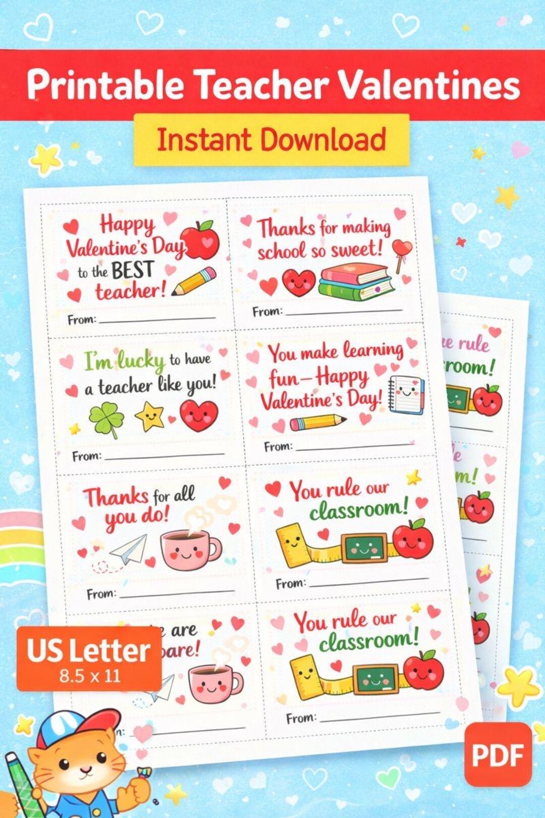 Printable Teacher Valentine Cards – Instant Download - Etsy