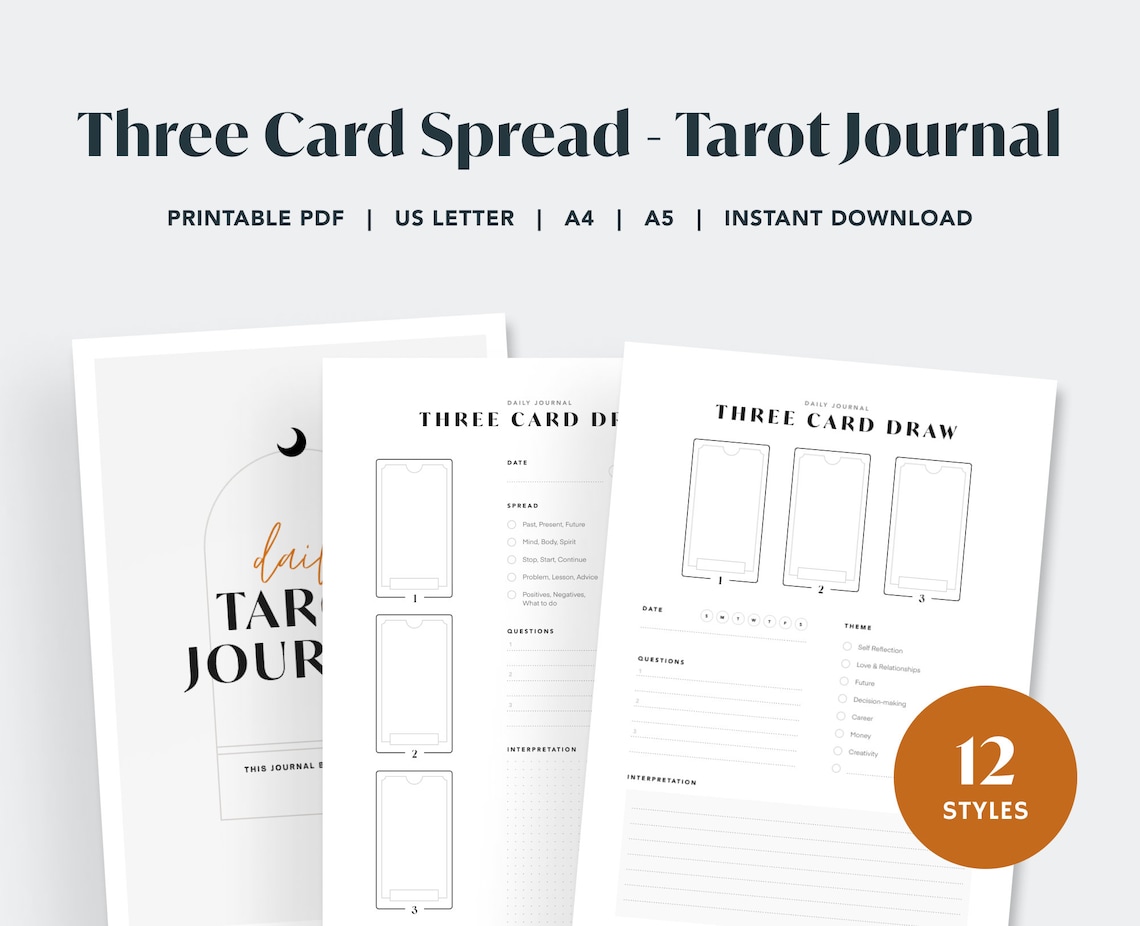 Tarot Journal Printable Daily Three Card Spread Reading Workbook A4, A5 ...
