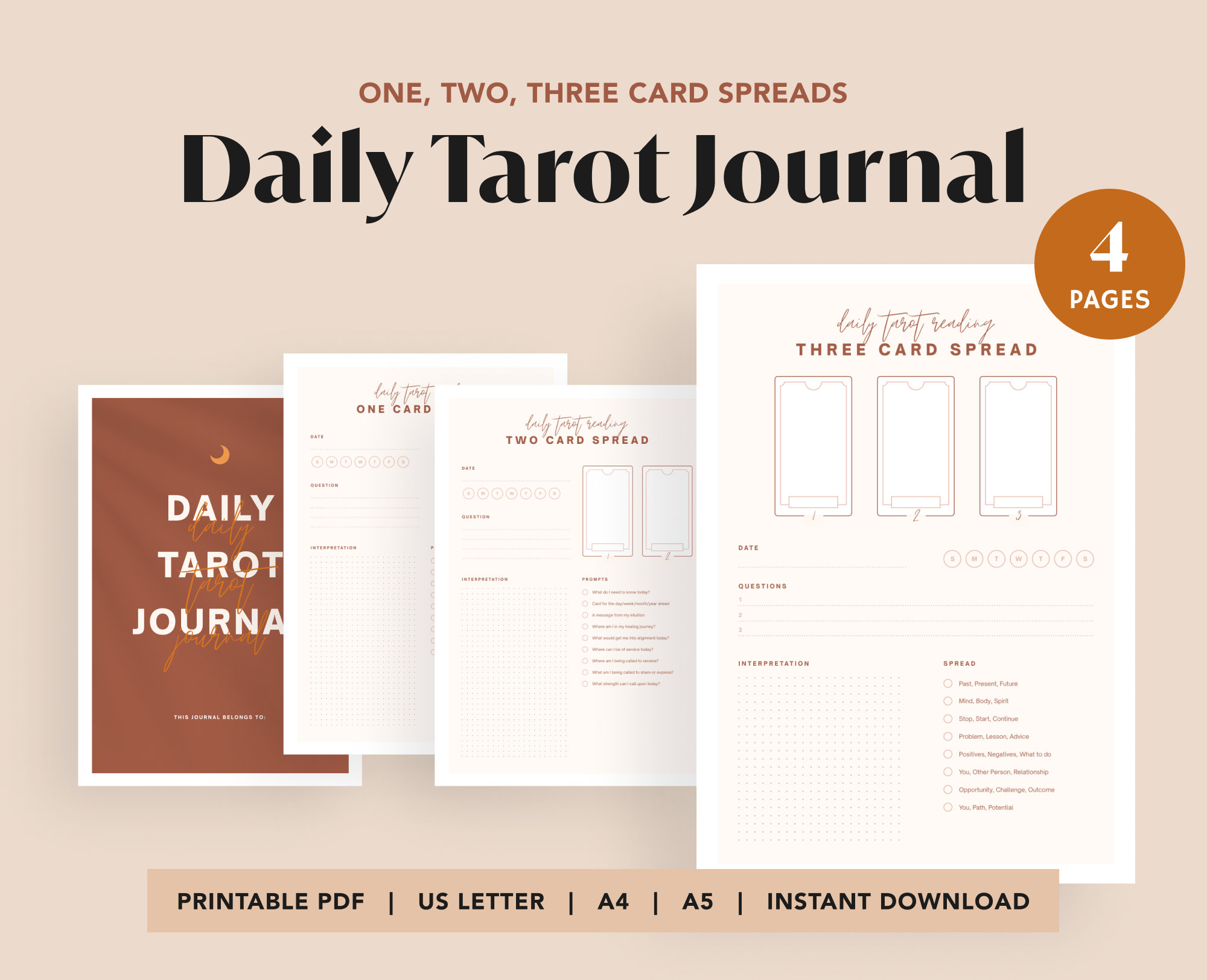 Daily Tarot Journal Printable | Tarot Reading Workbook Spreads | A4, A5 ...
