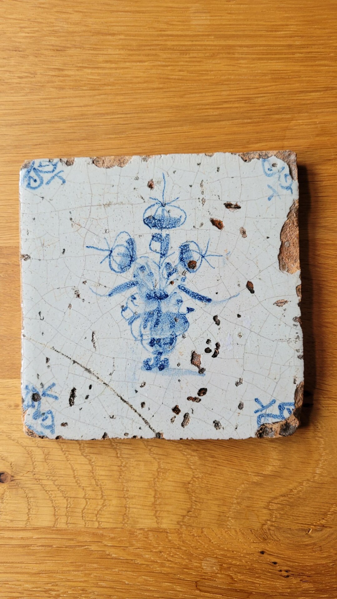 Antique Delft Blue Tile - With Dutch Tulip Design and "ossekop" Decor ...