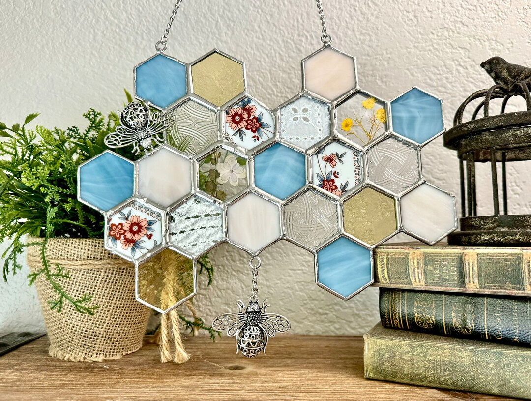 Blue Honeycomb Stained Glass Suncatcher - Unique Suncatcher With ...