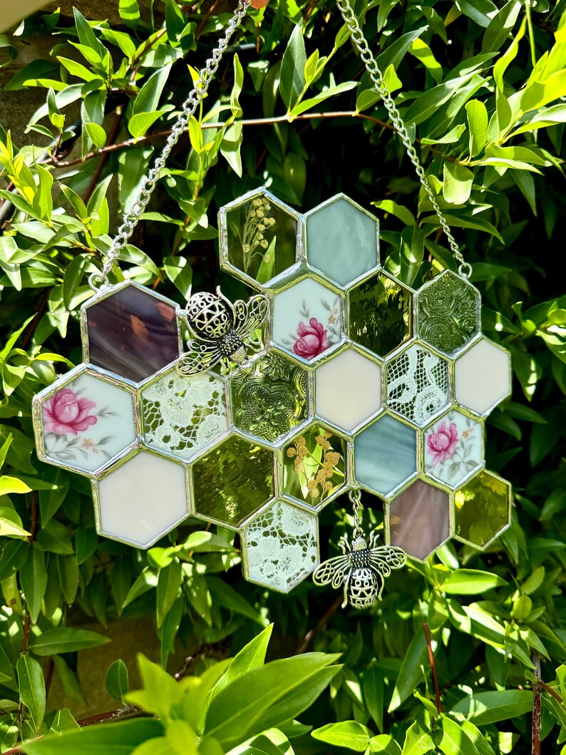 Pink Honeycomb Stained Glass Suncatcher - Unique Suncatcher With ...
