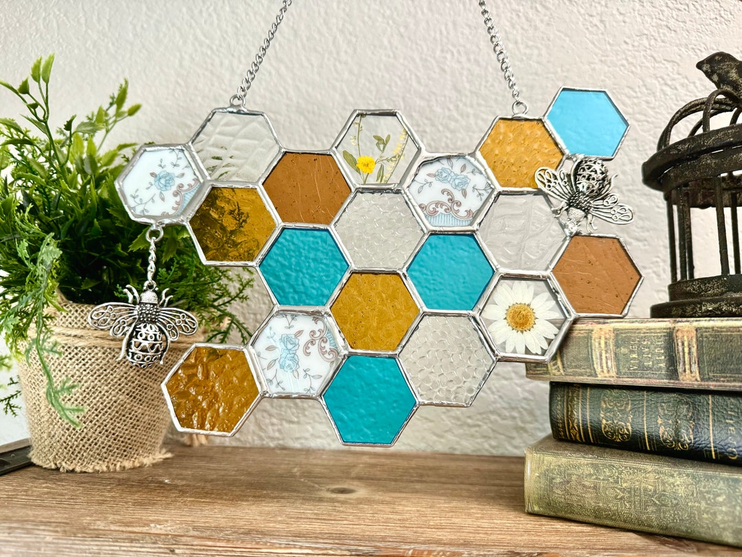 Blue and Amber Honeycomb Stained Glass Suncatcher - Unique Suncatcher ...