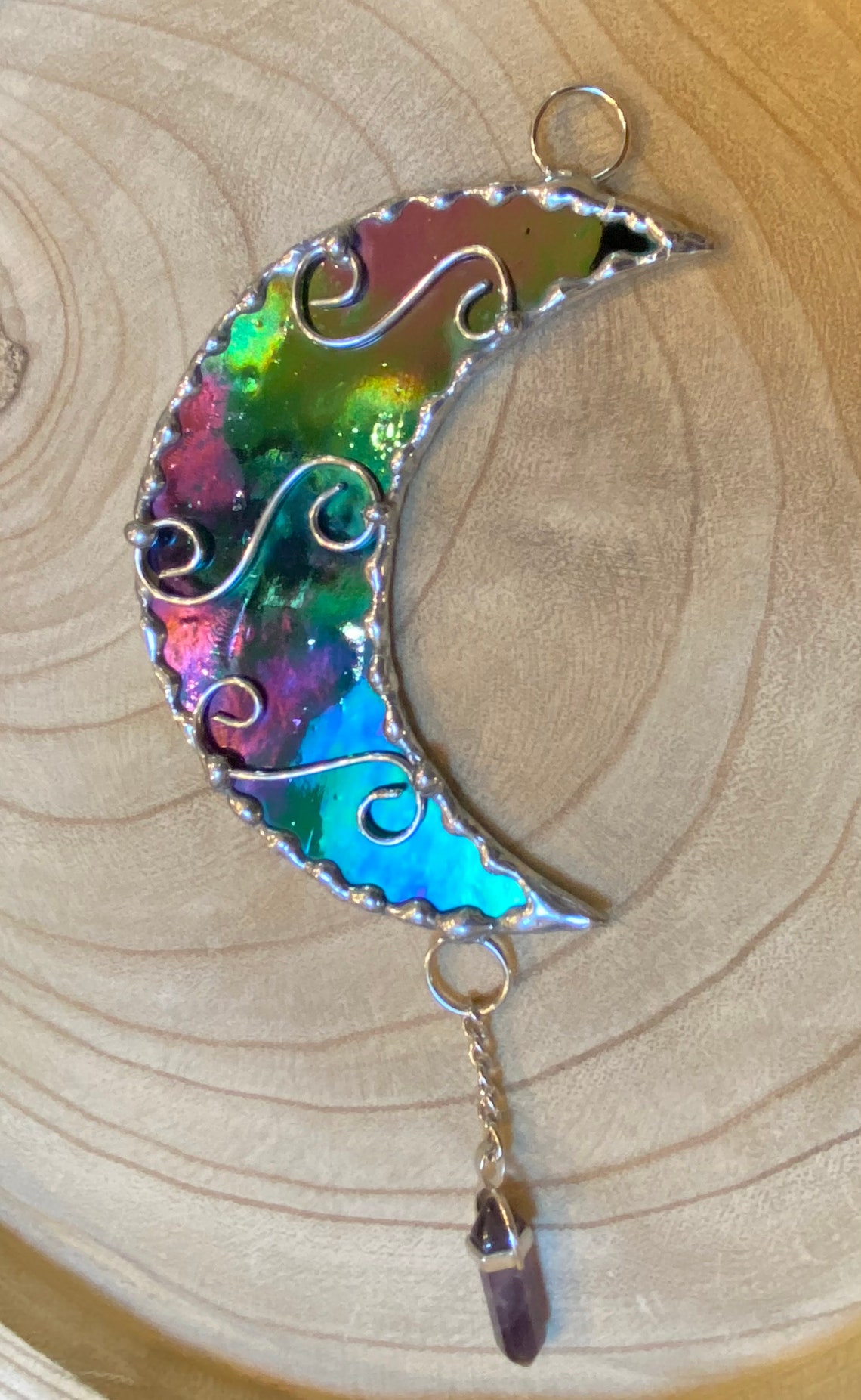 Dark Iridescent Stained Glass Crescent Moon Suncatcher, Ornament ...