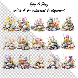 15 Wildflowers and Stones Clipart, Watercolor Clipart, Wildflower ...