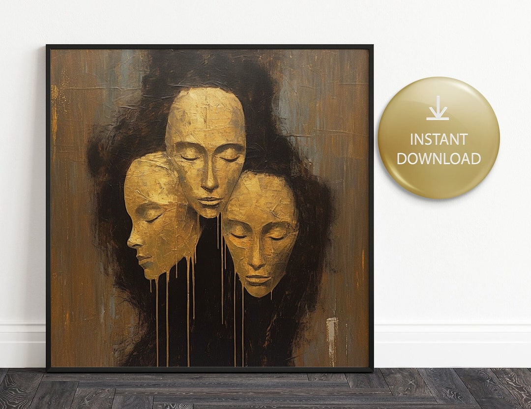 Three Golden Faces Abstract Art, Three Heads, Digital Print, Printable ...