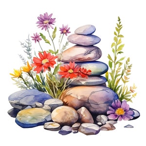 15 Wildflowers and Stones Clipart, Watercolor Clipart, Wildflower ...